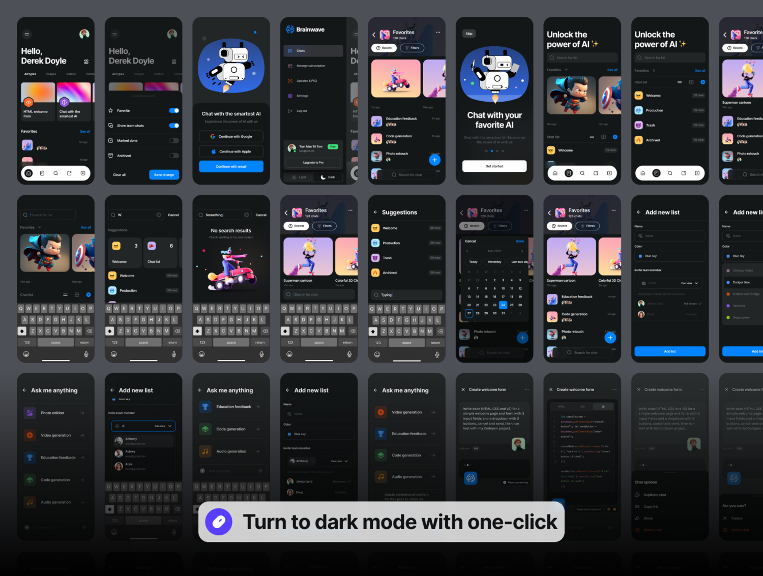 A01 双配色Ai人工智能ChatGPT聊天机器人社交App应用ui界面设计Fig设计套件Brainwave – AI iOS UI Kit _ 果觅网（gooodme）